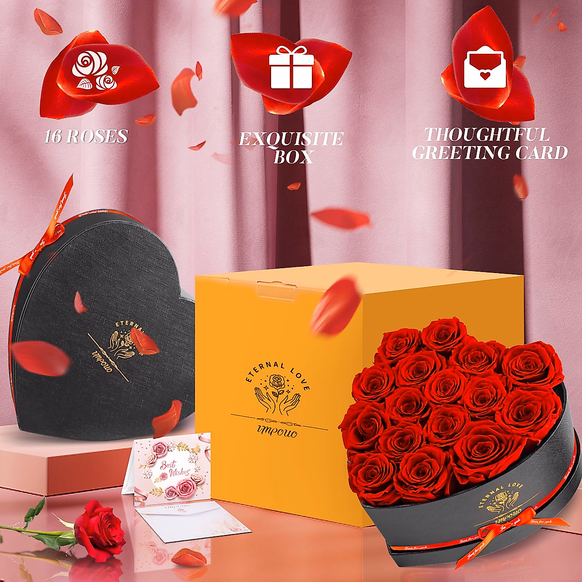 Impouo 16 Preserved Flower, Fresh Forever Roses in Heart Shape Box, Eternal Roses, Birthday Gifts for Women, Wife, Her, Mother's Day, Valentine's Day-Red Roses