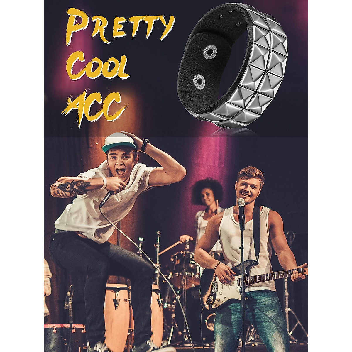 Hicarer 9 Pieces Spiked Studded Bracelet Black Leather Rivet Punk Bracelet Cuff Wrap Bangle Snap Button Metal Wristband for Men Women (Classic Style)