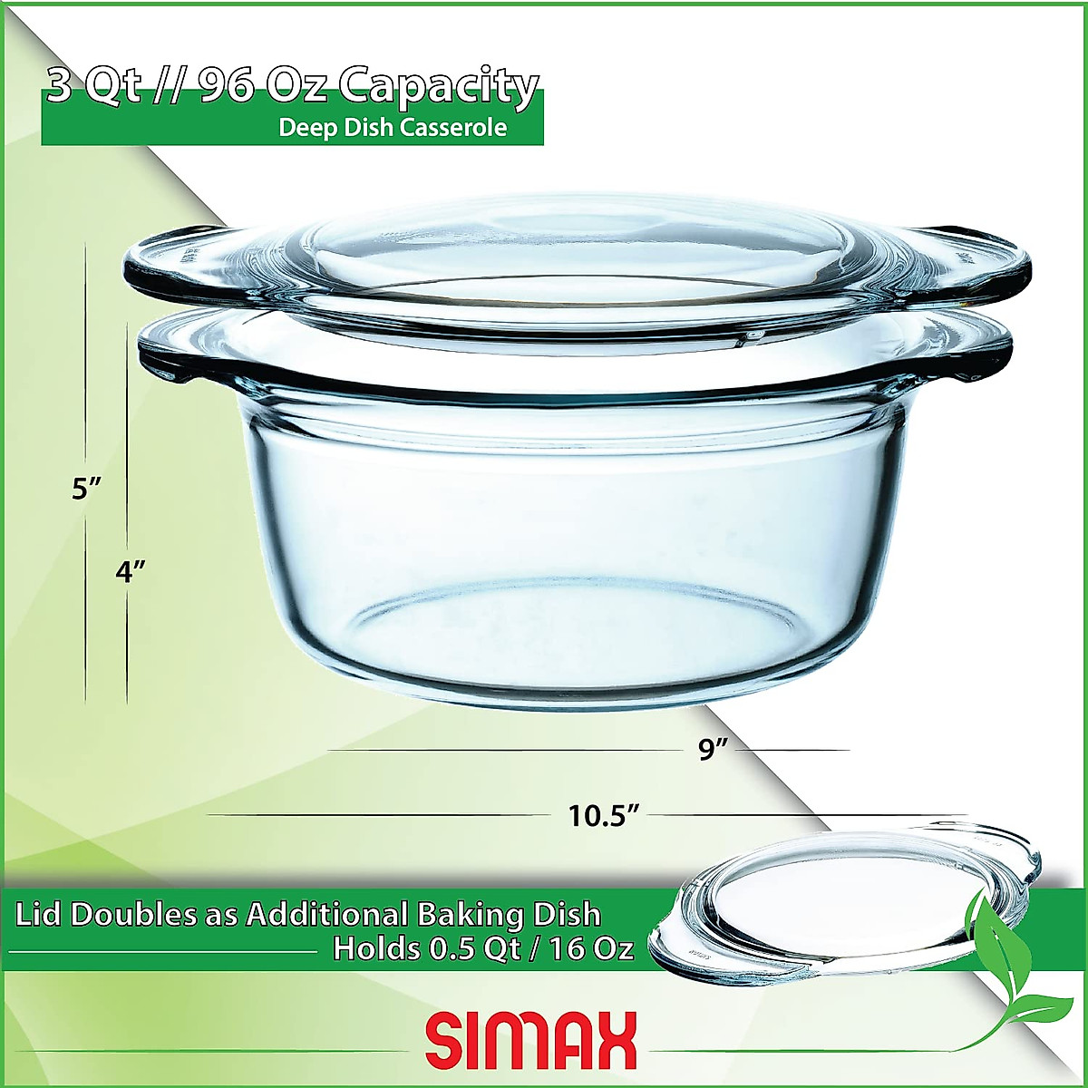 Simax Casserole Dish with Lid, Glass Casserole Dish, Holds 96 Oz (3 Quarts), Oven to Table Serving Dish, Microwave, Dishwasher, and Oven Safe Cookware