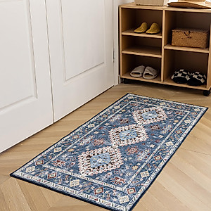 KEKUOU Vintage Machine Washable Rug, 2x4 Entry Rug Non-Slip Indoor Door Mat,Water Repellent Floor Carpet for Entryway, Kitchen,Living Room,Bedroom(2'* 4'，Blue/Multi)