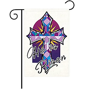 Heyfibro Easter Jesus Garden Flag 12 x 18 Inch BurlapVertical Double Sided Burlap Flags He Is Risen Cross Religious Garden Yard Banners for Outside Christmas Easter Spring Decoration(ONLY FLAG)