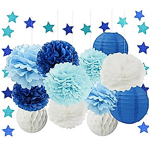Furuix Boy Baby Shower Decorations 13pcs White Navy Blue Baby Blue Tissue Paper Pom Pom Paper Lanterns Blue Star Garland Honeycomb Ball for Birthday Decor, Bridal Shower Decor/Outer Space Party Decor
