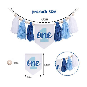 Blue Tassel 1st Birthday High Chair Banner - First Birthday Decorations For Boys,Cake Smash Party Highchair Banner,Yarn Tassel One Birthday Banner,Blue Yarn Tassel Garland Photo Prop