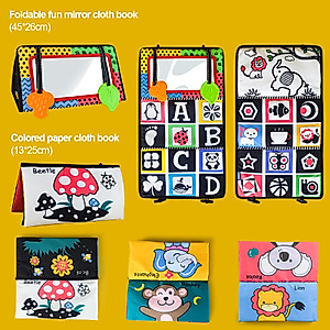 DASIGJID Tummy Time Mirror Baby Toys - High Contrast 3D Activity Montessori Soft Crinkle Foldable Sensory Toy with Infant Silicone Teether for 0-3 Years Babies Boys Girls