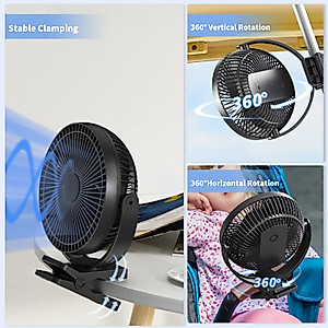 Clip on Fan, Rechargeable Portable Fan, 8 Inch Small Desk Fan - 10000mAh Battery Powered Fan with 4 Speed, 360° Rotation Personal Fan Suitable for Golf Cart, Bedroom, Travel and Camping (Black)