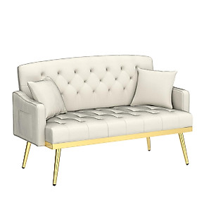 Antetek Upholstered Velvet Loveseat Sofa, Modern Small Sofa Couch with Side Pocket and Golden Metal Legs, Tufted Leisure Sofa for Living Room, Bedroom, Office, Small Space, Light Beige
