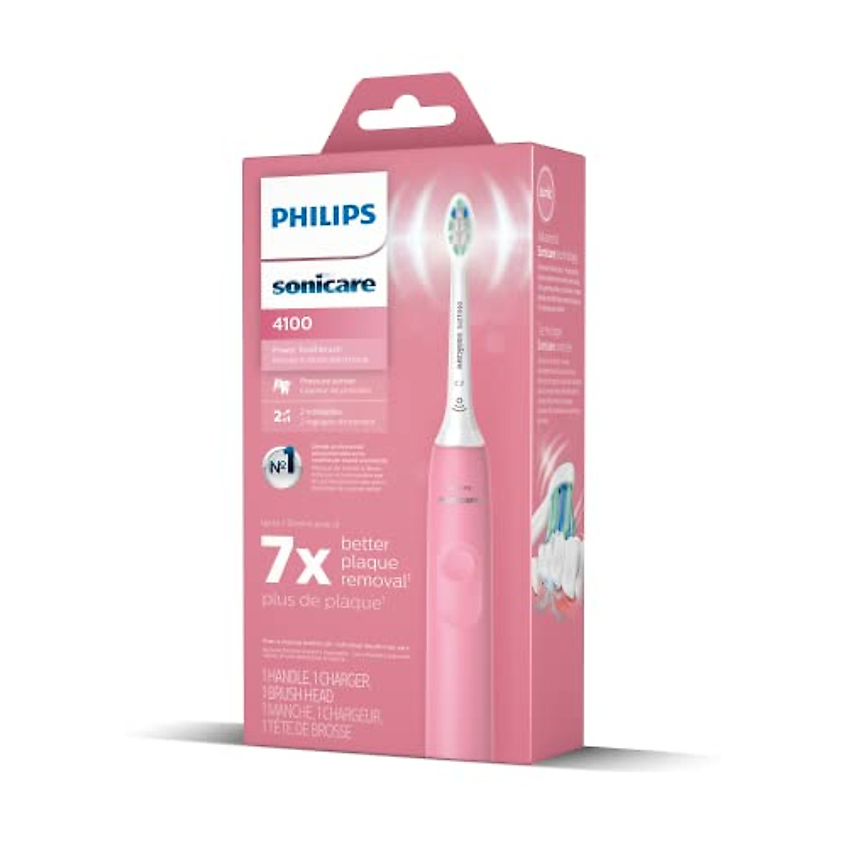 Philips Sonicare 4100 Rechargeable Electric Toothbrush, with Pressure Sensor, 2 Intensity Settings, SmarTimer and QuadPacer, 14-Day Battery Life, Deep Pink, Model HX3681/26