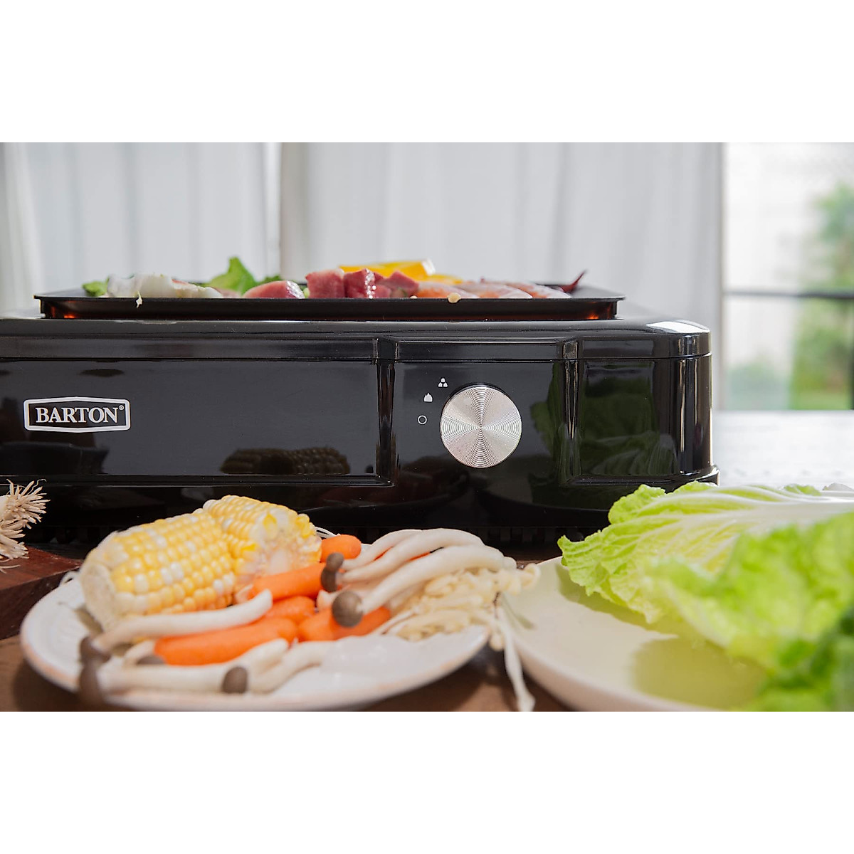 Barton Electric Smokeless Indoor Infrared Instant Heating Adjustable Temperature Knob BBQ Grilling Non-Stick Grate and Drip Tray, Black