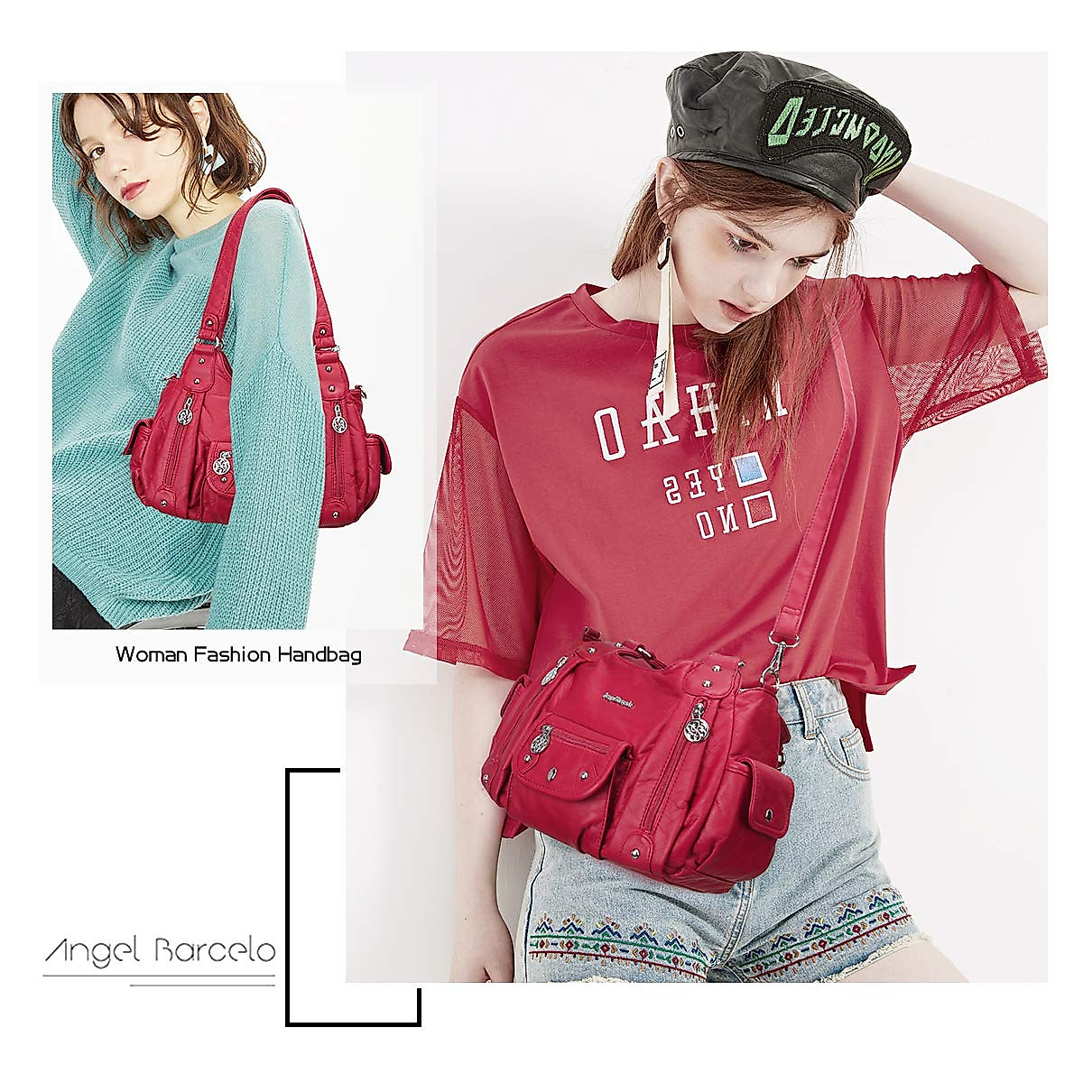 Angel Barcelo Roomy Fashion Hobo Womens Handbags Ladies Purse Satchel Shoulder Bags Tote Washed Leather Bag Red