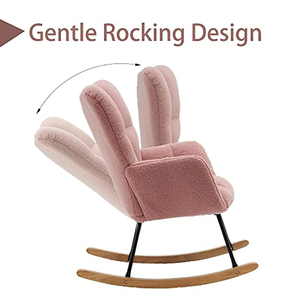 Krinana Teddy Fabric Nursery Rocking Chair, Rocker Armchair with Solid Wood Legs, Glider Chair Nursery with High Backrest for Living Room Apartment (Teddy Fabric,Pink)