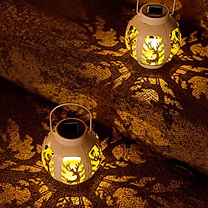 KINDDOG Solar Lanterns Outdoor, Reindeer Chrismas Metal Garden Lanterns Decor Hanging-Patio Decorations Waterproof 2 Pack (Reindeer)