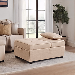 Cynefin Futon Chair with Lumbar Pillow and 3 Side Pockets, Sofa Bed Chair, Convertible Chair Sleeper Bed, 4 in 1 Ottoman Bed Tufted Fabric(70.8 x 26.3 x 16.4 inches, Beige)