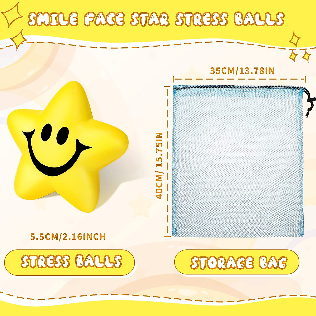 Jerify 60 Pieces Star Smile Face Stress Balls Bulk for Kids Mini Foam Smile Ball Stress Relief Toys for Classroom Exchange Gifts Classroom Prizes School Carnival Reward Party Favors Fillers
