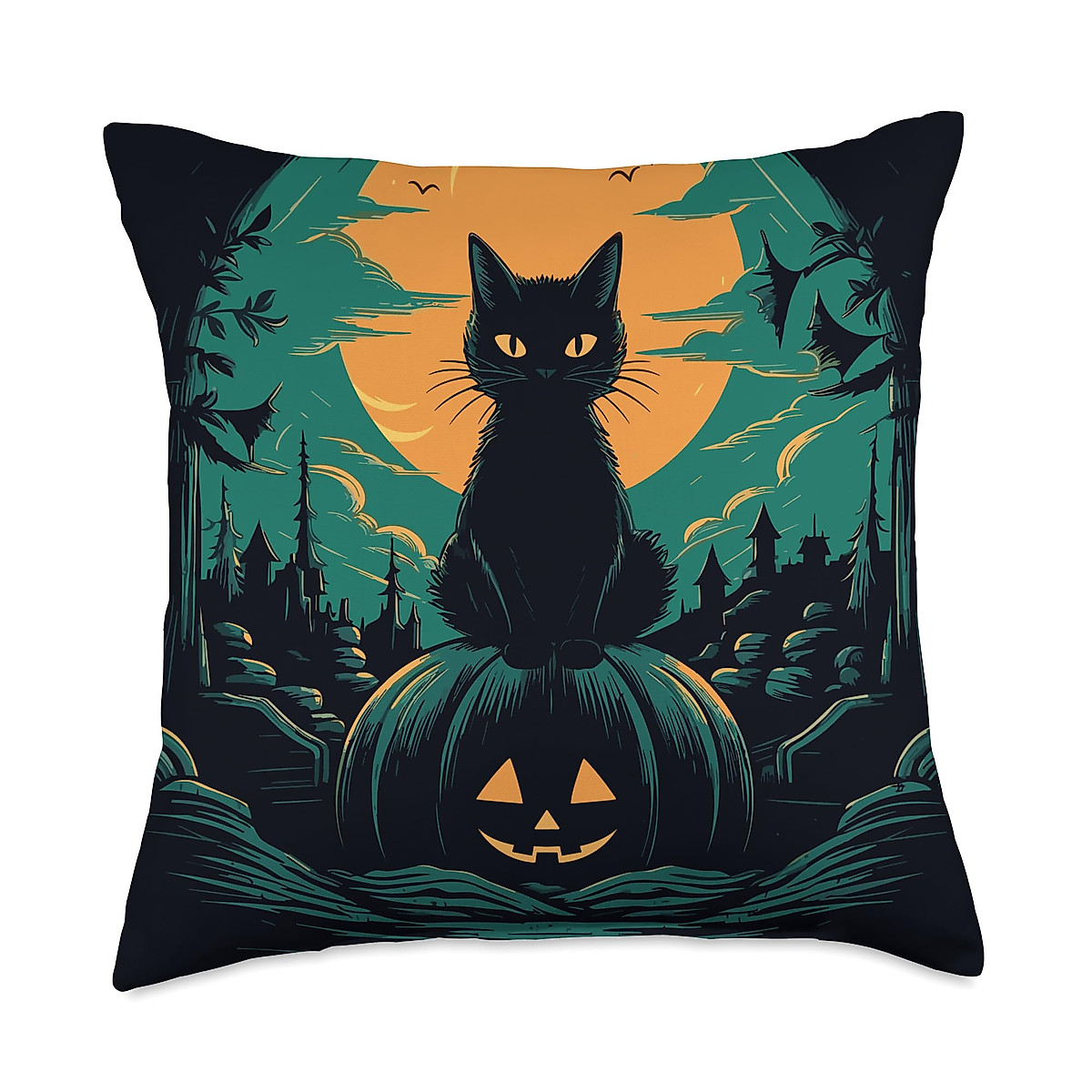 Halloween Spooky Cat Design For Men Women Design Scary Black Cat Pumpkin Moon Halloween Throw Pillow, 18x18, Multicolor