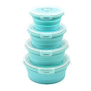 Collapsible Bowls, GLE2016 Silicone Collapsible Food Storage Containers with Lids for Camping, Round Silicone Lunch Containers, Microwave, Dishwasher and Freezer Safe (4, Blue)