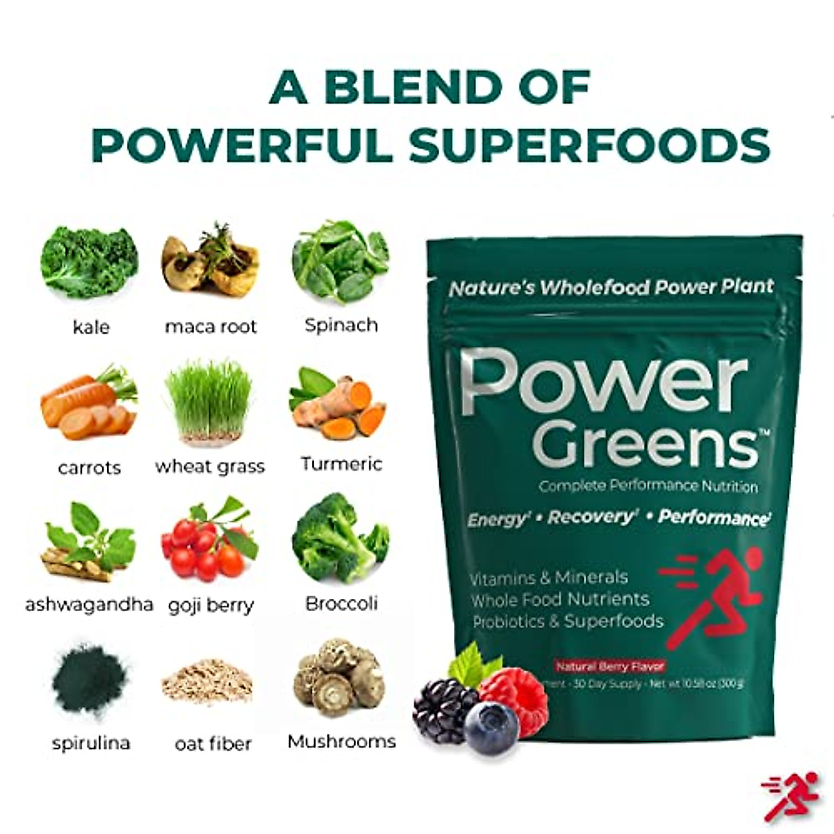 Power Greens, Superfoods Greens Powder, Super Greens, Improve Energy, Recovery and Performance, Probiotics & Digestive Support, Berry Flavor, 30 Servings