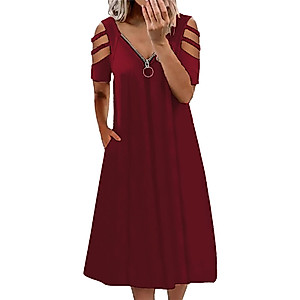 Office Dresses for Women for Work Women's V Neck Sexy Solid Color Zipper Hollow Short Sleeve Dressl Sundress Midi Dress