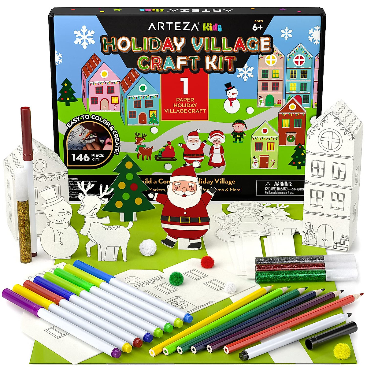Arteza Kids Christmas Village Kit, 3D Holiday Kit Includes 20 Colorable Cut Out Cardboard Crafts, Glitter Glue, Pom Poms, Markers, Craft Supplies for Family Activities, Winter and Holiday Parties