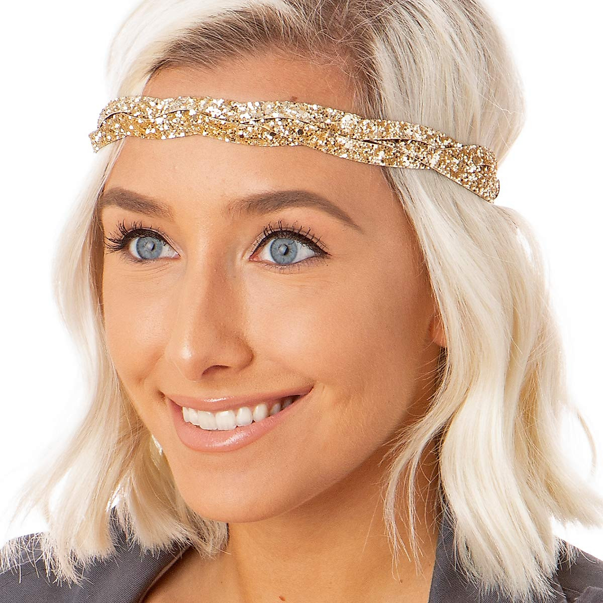 Hipsy Women's Adjustable Cute Fashion Bling Glitter Headband Braid Hairband Multi Pack (3pk Gold/Black/Silver Braided Bling Glitter)