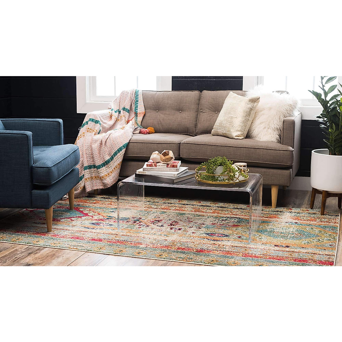 Unique Loom Sedona Collection Distressed, Southwester, Over-Dyed, Vintage Area Rug, 6' 0" x 9' 0", Blue/Beige