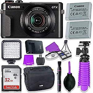 Canon PowerShot G7 X Mark II Camera w/ 1 Inch Sensor & tilt LCD Screen - Wi-Fi & NFC Enabled (Black) & LED Video Light, 32GB Sandisk Memory Card, Extra Battery + Accessory Bundle (Renewed)