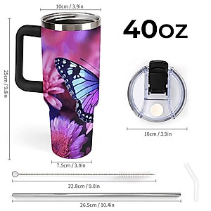 Purple Butterfly And Flower Insulated Stainless Steel Travel Mug, 40 Oz Tumbler with Handle And Straw Double-Wall Vacuum Coffee Cup, Leak-Proof Lid, Keeps Drinks Hot/Cold for Hours