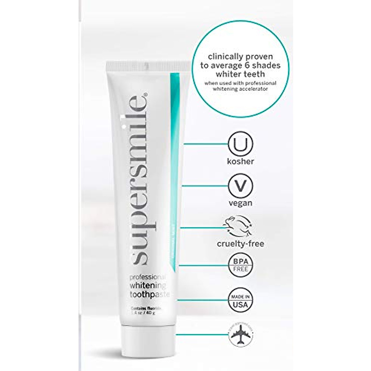 Supersmile Professional Teeth Whitening Toothpaste with Fluoride - Clinically Proven to Remove Stains & Whiten Teeth Up to 6 Shades - Enamel Strengthening - No Sensitivity (Original Mint, 1.4 Oz)