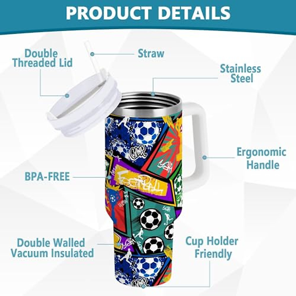 Emelivor Balls Trophies Colorful 40 oz Tumbler with Lid and Straw Insulated Tumblers with Handle Leak Proof Coffee Tumbler Mug Large Water Bottles for Hot and Iced Cold Drinks