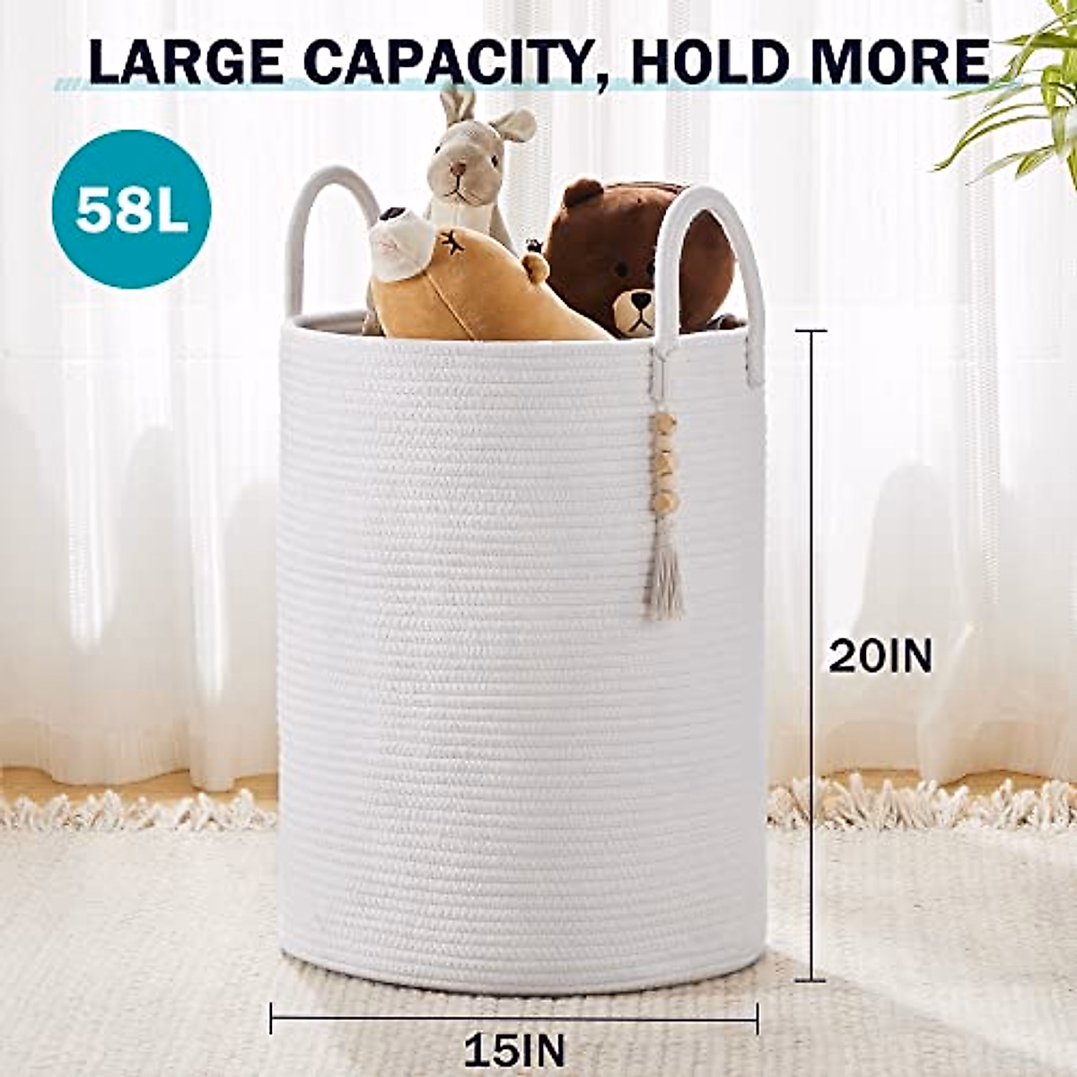 YOUDENOVA Cotton Rope Laundry Hamper Basket, 58L Tall Woven Collapsible Baskets for Blanket Organizing Clothes Hamper for Laundry Room Storage