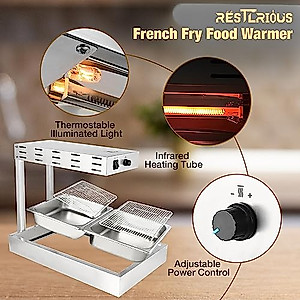 Restlrious French Fry Warmer Commercial Heat Lamp Food Warmer, Free Standing Electric Infrared Heating Dump Station, 500W Stainless Steel Food Warming Light w/2 Half Size Food Pan for Fries 4” Deep