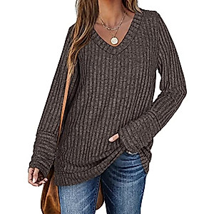 WIHOLL Tunic Sweaters for Women Long Sleeve V Neck Lightweight Shirt Khaki M