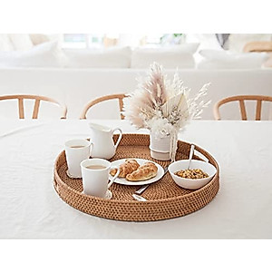 Decorative Coffee Table Tray | Farmhouse Boho Decor | Round Rattan Tray Basket | Wicker Serving Tray with Handles | Drink, Tray for Ottoman | Circle Round Tray | Fall Decor