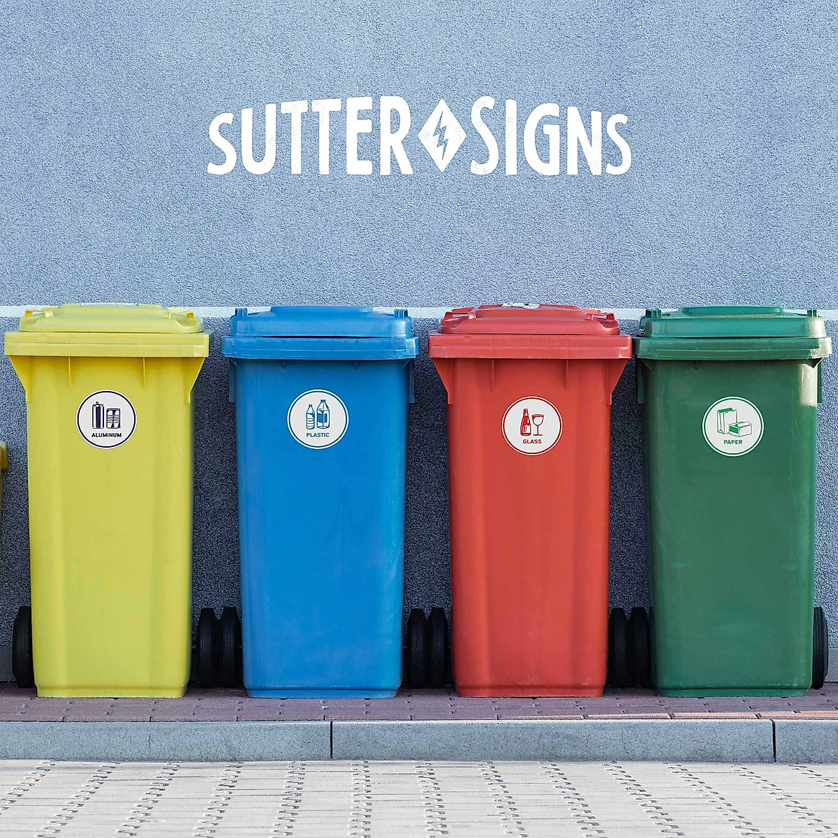 Recycling Stickers for Trash Can, 3.5" Wide | 5pcs Recycle Stickers for Plastic Bins - Paper, Aluminum, Plastic, Glass, Compost