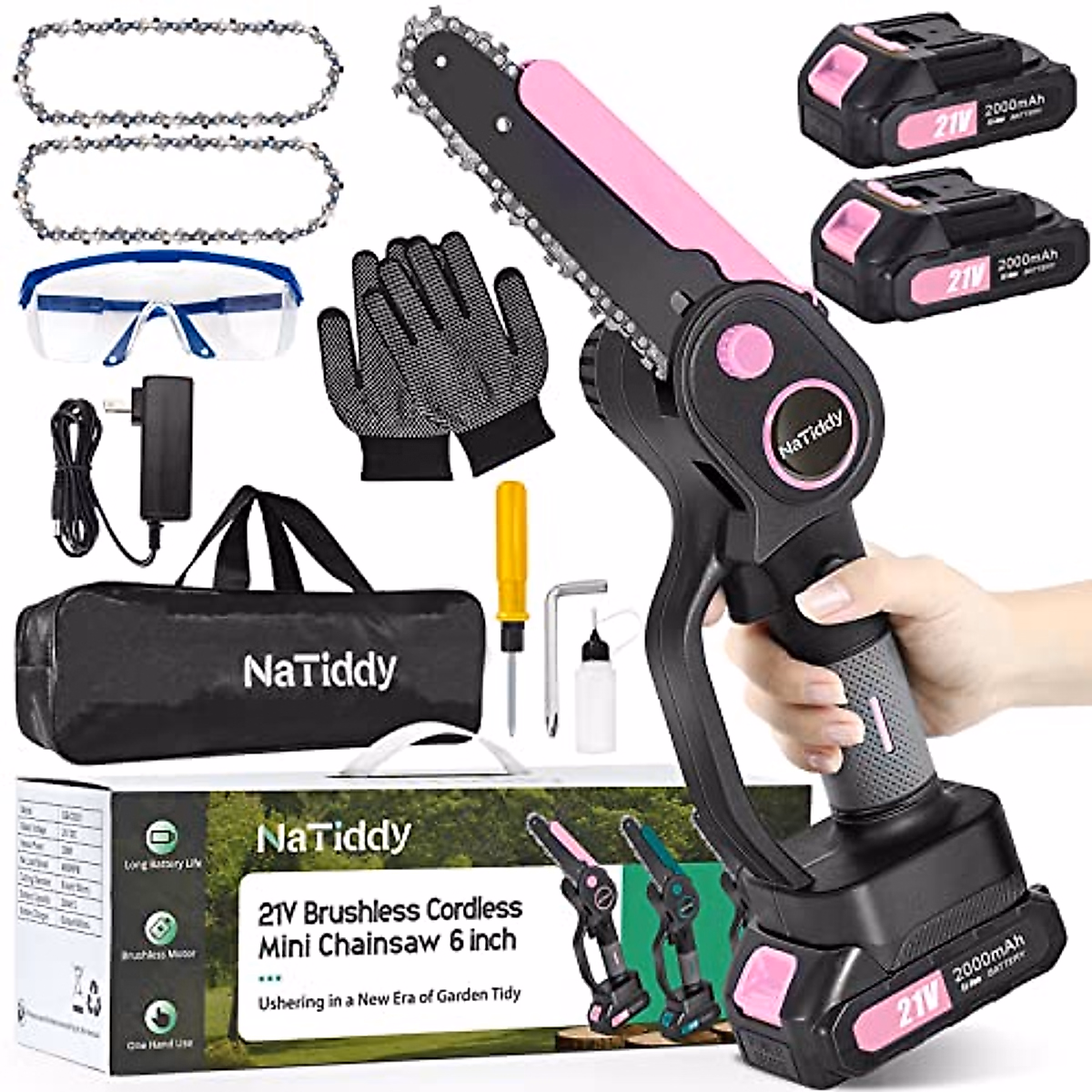 NaTiddy Mini Chainsaw,6 Inch Battery Powered Brushless Cordless Mini Chainsaw With 2 x 2000mAh Rechargeable Battery,Portable One-Handed Handheld Small Electric Chainsaw for Tree Trimming Wood Cutting