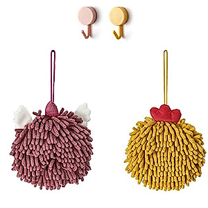 Wucmene Hand Towels for Bathroom Decorative Set, Chenille Hanging Hand Towel Ball Microfiber Plush Absorbent Soft Small Bath Towel with Loop for Kitchen Sink or Powder Room (Purple+Yellow)