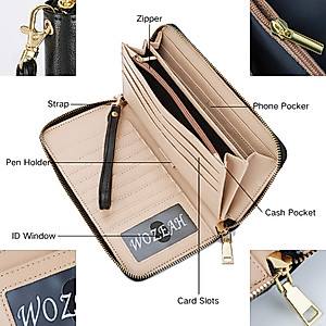 WOZEAH Women's RFID Blocking PU Leather Zip Around Wallet Clutch Large Travel Purse (A black)
