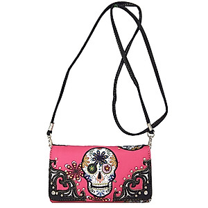 Western Cowgirl Sugar Skull Day of the Dead Halloween Small Pouch Wallet Purse for Women Crossbody (Pink)