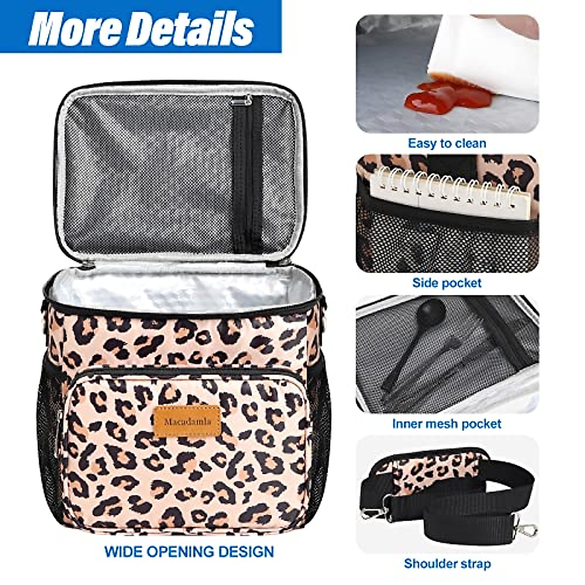Insulated Lunch bag for Women/Men, Reusable Lunch box Cooler Bag for Adult,Collapsible Lunchbox Bag Leakproof Small Lunch Bag with Shoulder Strap for Work Office Picnic Beach Leopard S