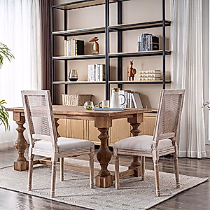 ZHENGHAO Vintage Farmhouse Dining Chairs Set of 2, French Country Dining Room Chairs with Rattan Back, Soild Wood Legs, Upholstered Chairs for Living Room/Kitchen/Restaurant, Beige