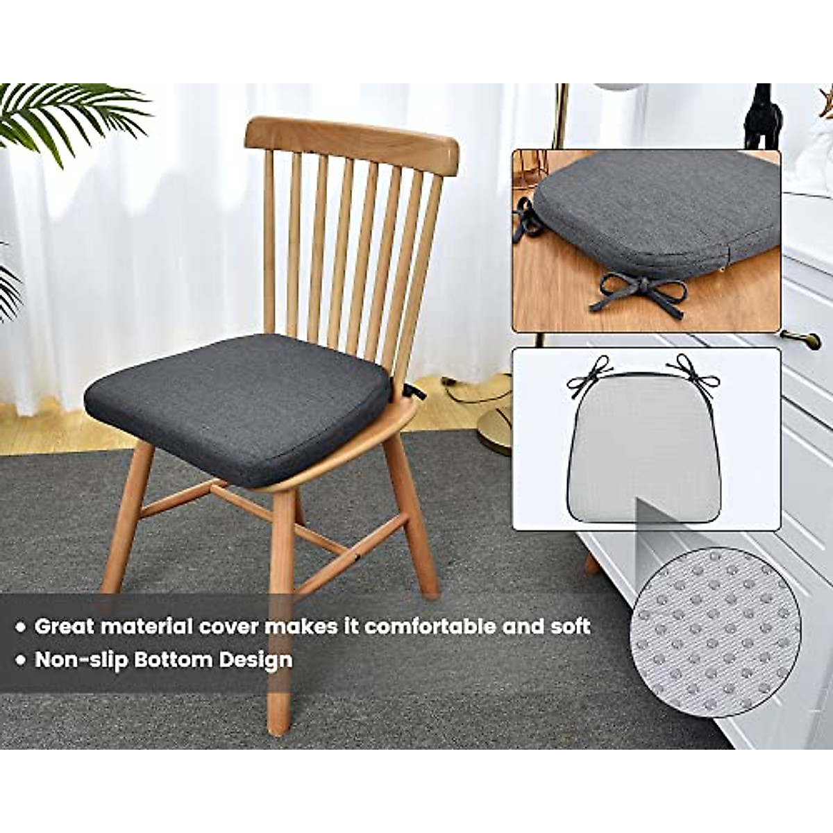 COSNUOSA Kitchen Chair Cushions Dining Chair Cushions with Ties Non Slip Kitchen Dining Chair Pads Seat Cushion Set 17 x 16 Inches Dark Grey 2 Pcs