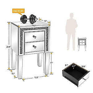 VINGLI Mirrored Nightstand Set of 2 Silver Glass Sofa/Couch Side Tables Bedroom End Tables with Storage, 24.8 inch Tall