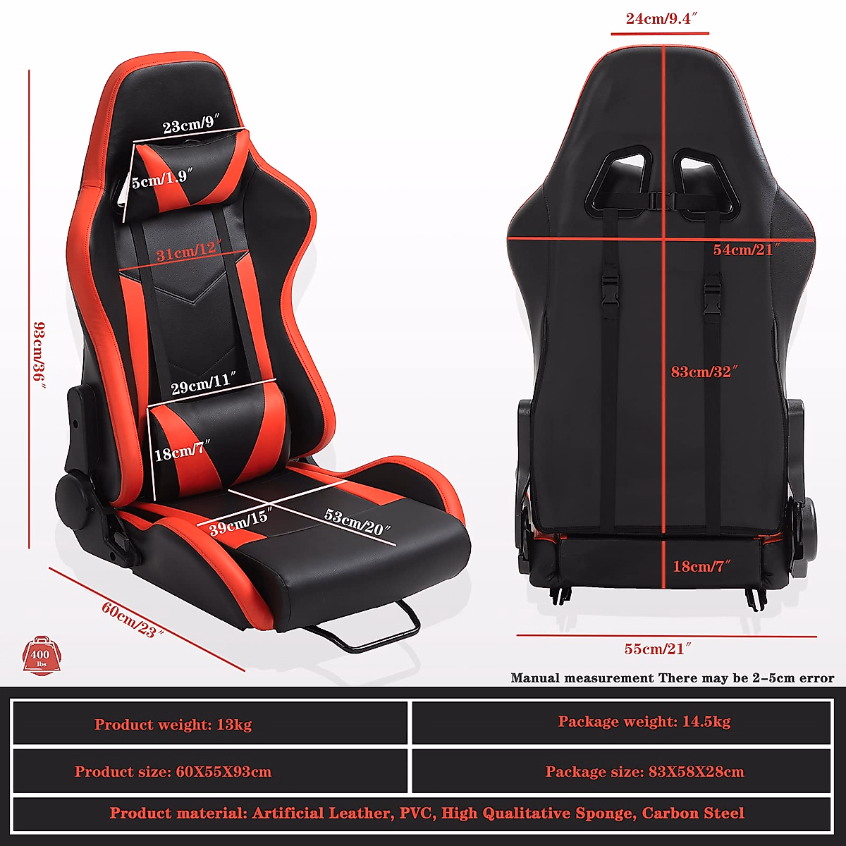 Supllueer Racing Seats Double Slide Rails Universal Racing Seats with Neck Waist Pillows fit Racing Simulator Cockpit Stand,Backrest 170 ° Ergonomic Adjustment,NO Stand