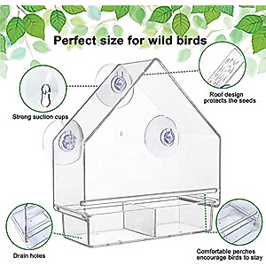 Window Bird Feeder for Outside with 3 Strong Suction Cups,Acrylic Transparent Bird Feeder Sliding Tray and Drain Holes,Easy to Clean and Fill,Clear Acrylic for Bird Viewing by Meiyiu