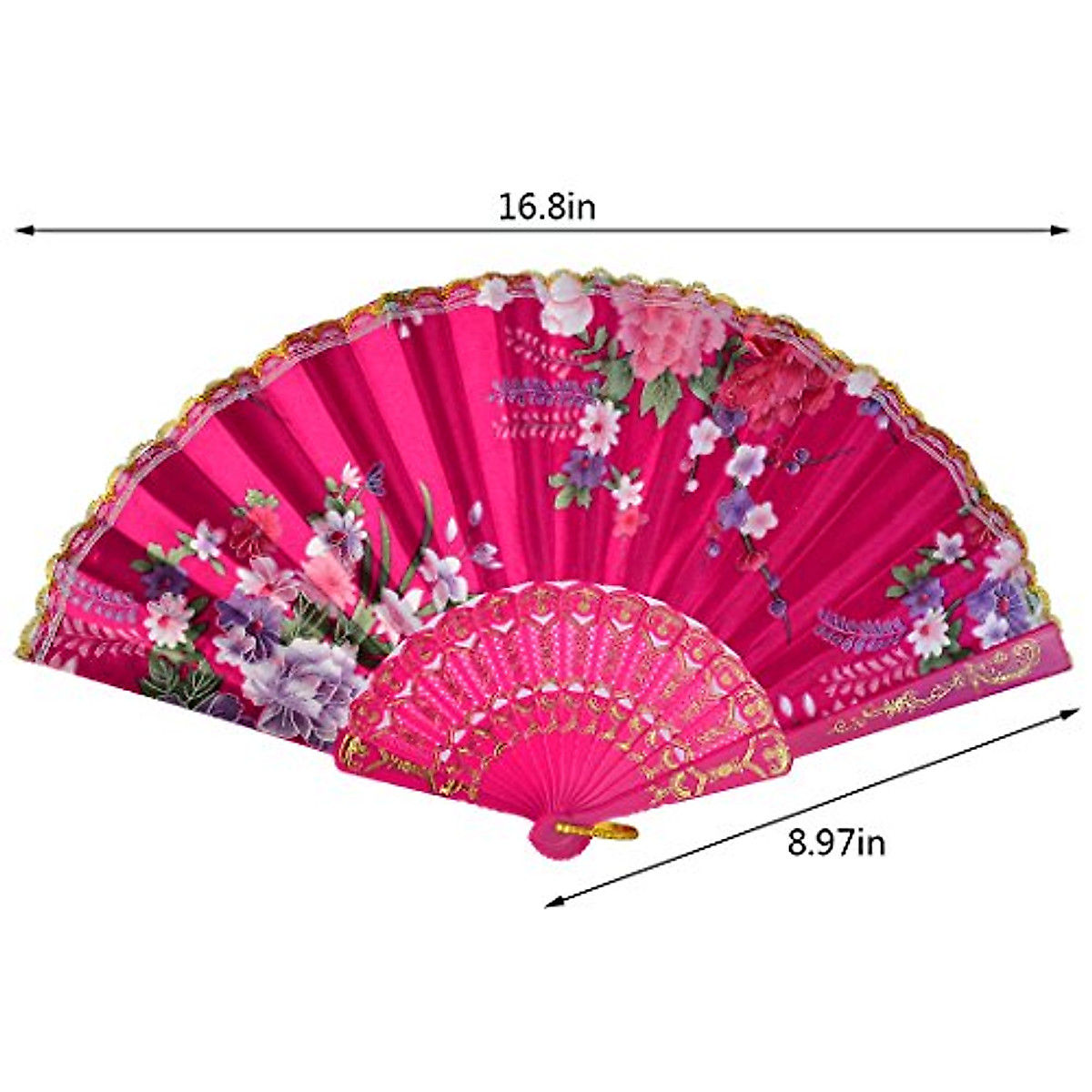 10pcs Floral Folding Hand Fan Flower Pattern Gold Side Lace Handheld Folding Fans Women Hand Folding Fans Vintage Retro Style Folding Fan