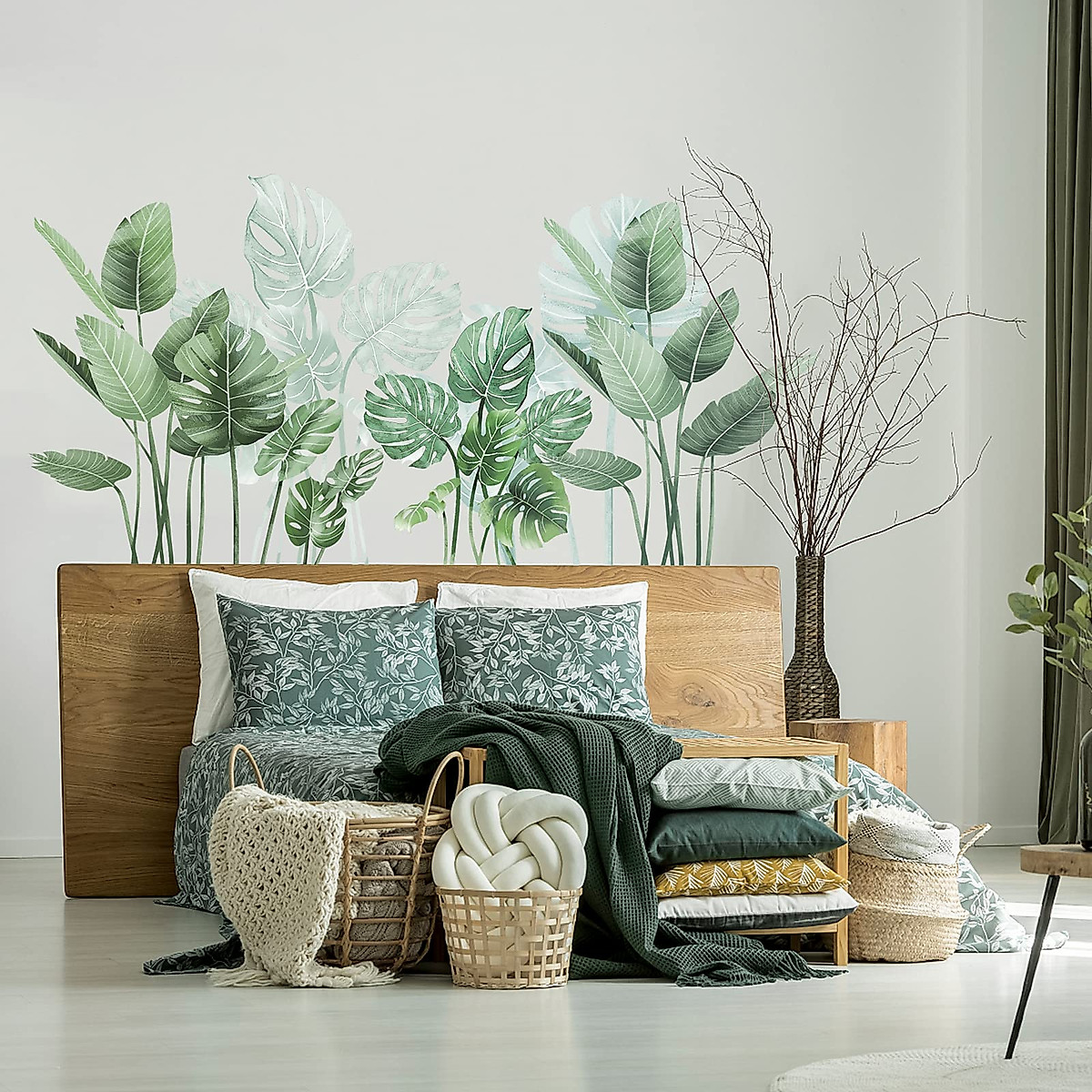 Tropical Green Plants Leaf Wall Stickers, ULENDIS Removable Nature Palm Tree Leaves Wall Decals, Creative Skirting Line Art Mural Decor for Kids Nursery Living Room Bedroom Kitchen