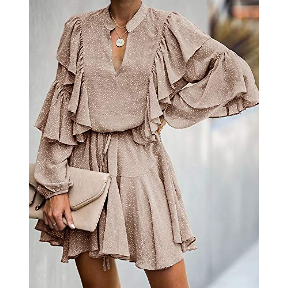 MITILLY Women's Elegant Long Sleeve Dresses V Neck High Waist Ruffle Loose Flowy Party Mini Dress with Belt Large Khaki