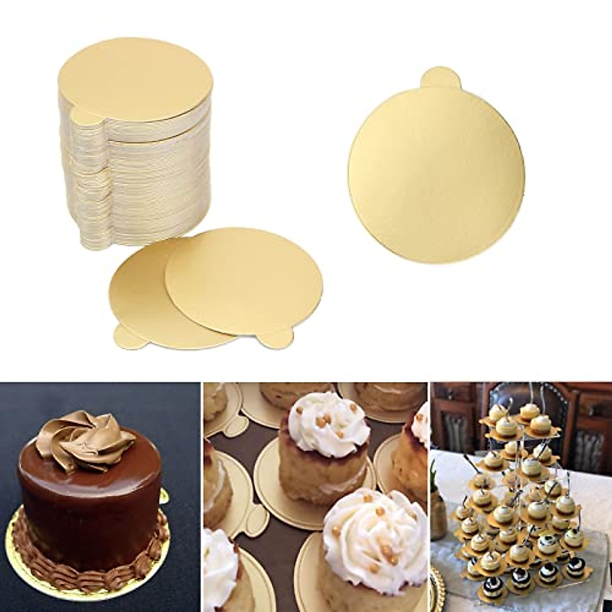 Darnell Nehemiah 100pcs/Set Round Mousse Cake Boards Gold Paper Cupcake Dessert Displays Tray Wedding Birthday Cake Pastry Decorative Tools Kit