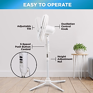 Comfort Zone Electric Oscillating Pedestal Fan, Stand Fan, 16 inch, 3 Speed, 90 Degree Oscillating Head, Adjustable Height and Tilt, Airflow 7.48 ft/sec, Ideal for Home, Bedroom & Office, CZST161BTE