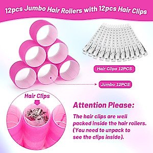 Jumbo Hair Curlers Self-Grip Rollers, 60mm Large Rollers with Clips for Long, Thick Straight Hair (Rose Red) - Hair Curlers Rollers