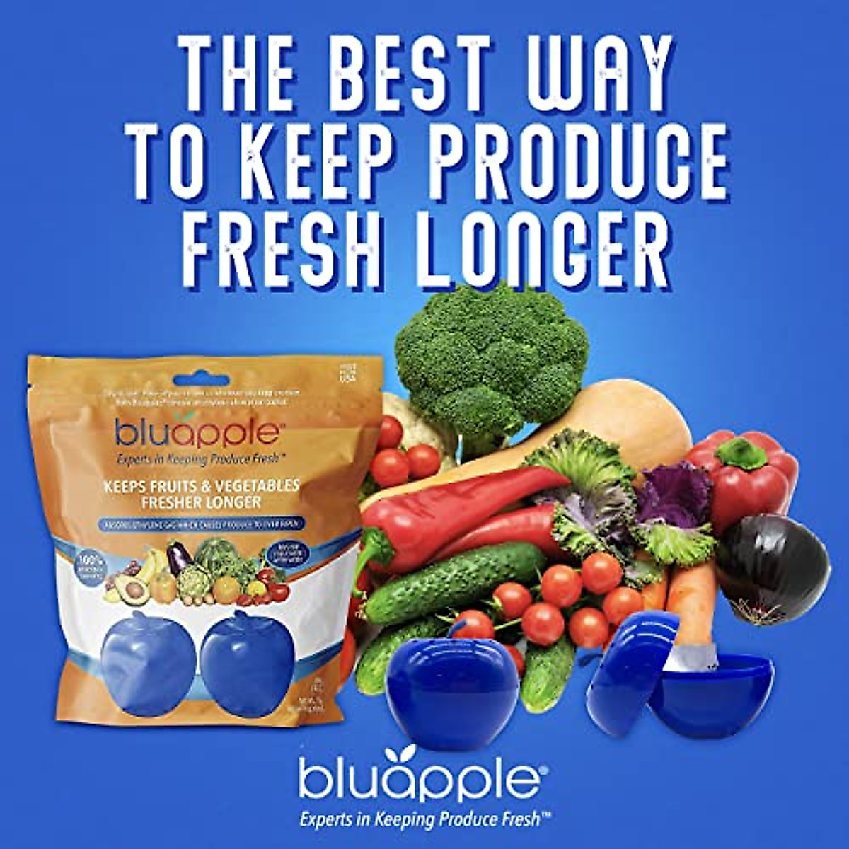 Bluapple Produce Saver 2-Pack - Keeps Fruits & Vegetables Fresh Longer in Refrigerator Crisper, Shelves, and Fruit Bowls, Lasts up to 3 Months, Ethylene Gas Absorber, BPA Free, Made in USA